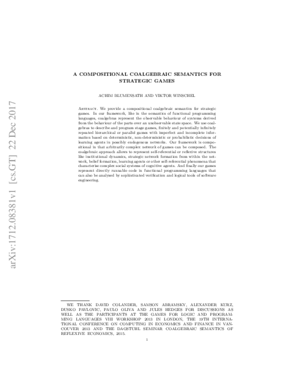 (PDF) A Compositional Coalgebraic Semantics of Strategic Games
