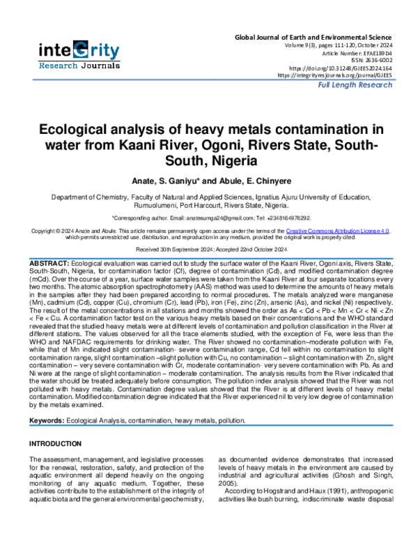 (PDF) Ecological analysis of heavy metals contamination in water from ...