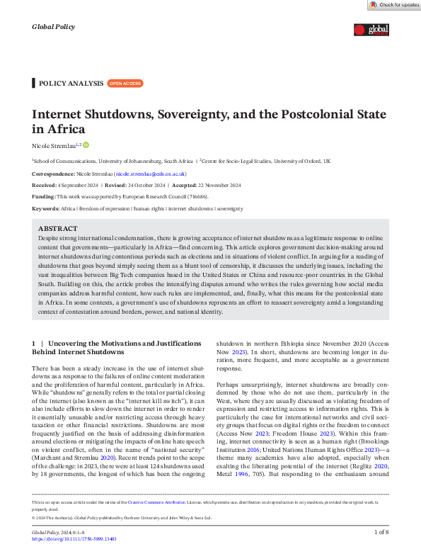 (PDF) Internet Shutdowns, Sovereignty, and the Postcolonial State in Africa