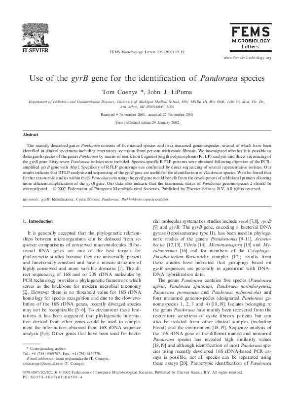 (PDF) Use of the gyrB gene for the identification of Pandoraea species
