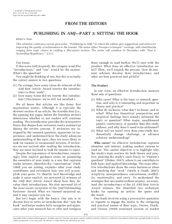 (PDF) PUBLISHING IN AMJ-PART 3: SETTING THE HOOK