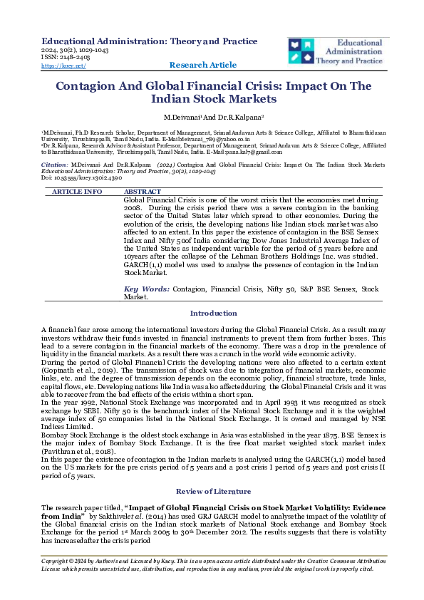 (PDF) Contagion And Global Financial Crisis: Impact On The Indian Stock ...