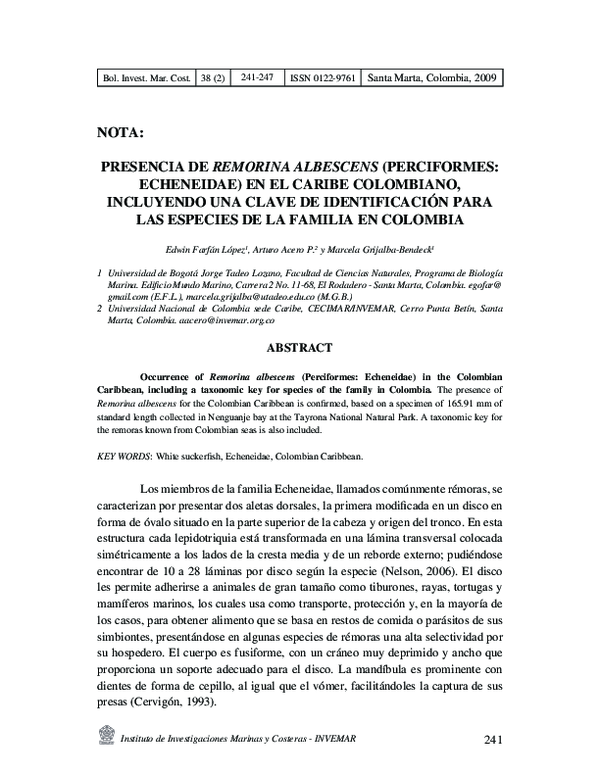 (PDF) PRESENCIA DE REMORINA ALBESCENS (PERCIFORMES: ECHENEIDAE) EN EL ...