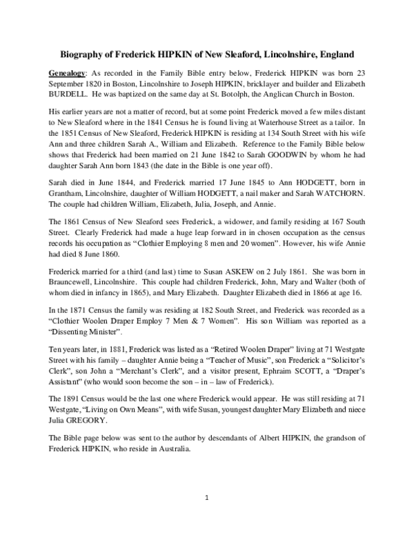 (PDF) Biography of Frederick HIPKIN of New Sleaford, Lincolnshire, England