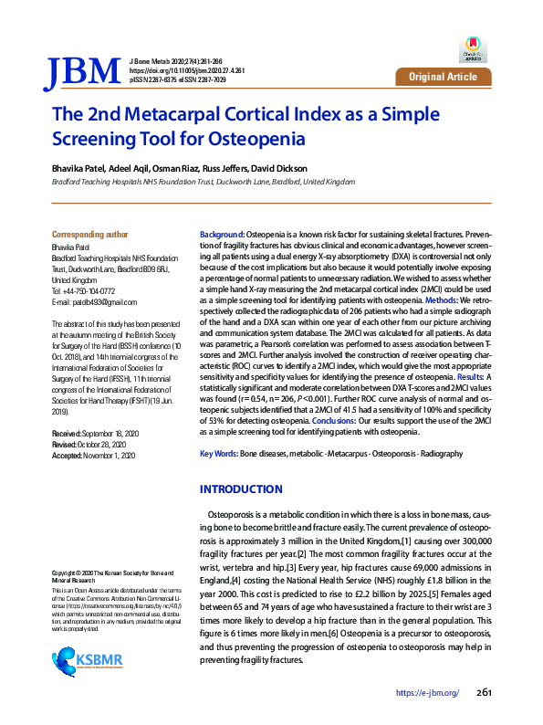 (PDF) The 2nd Metacarpal Cortical Index as a Simple Screening Tool for ...