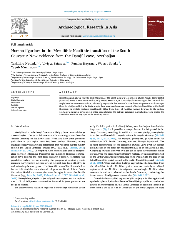 (PDF) Nishiaki, Y., U. Safarova, F. Ikeyama and Y. Mammadev (2025) Human figurines in the ...