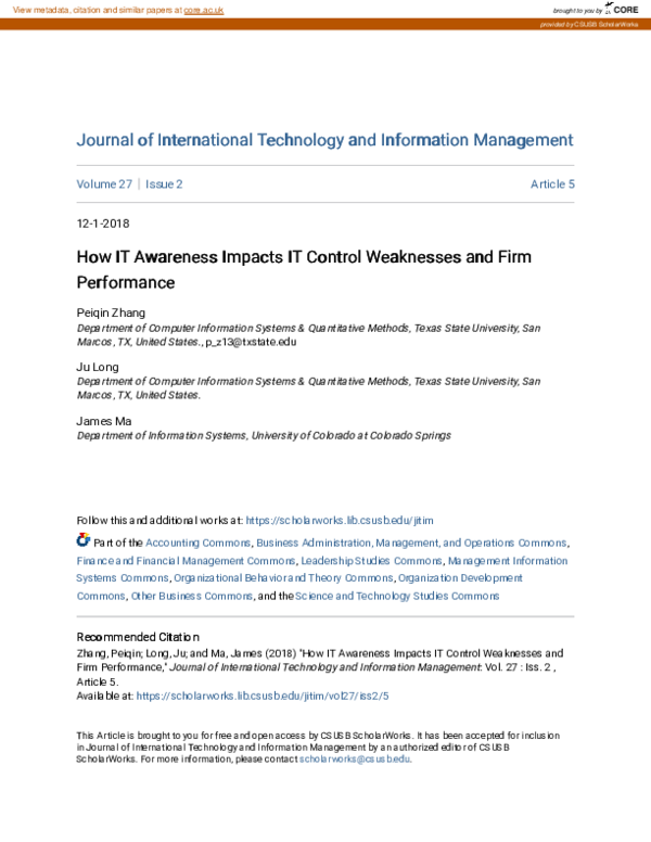 (PDF) How IT Awareness Impacts IT Control Weaknesses and Firm Performance