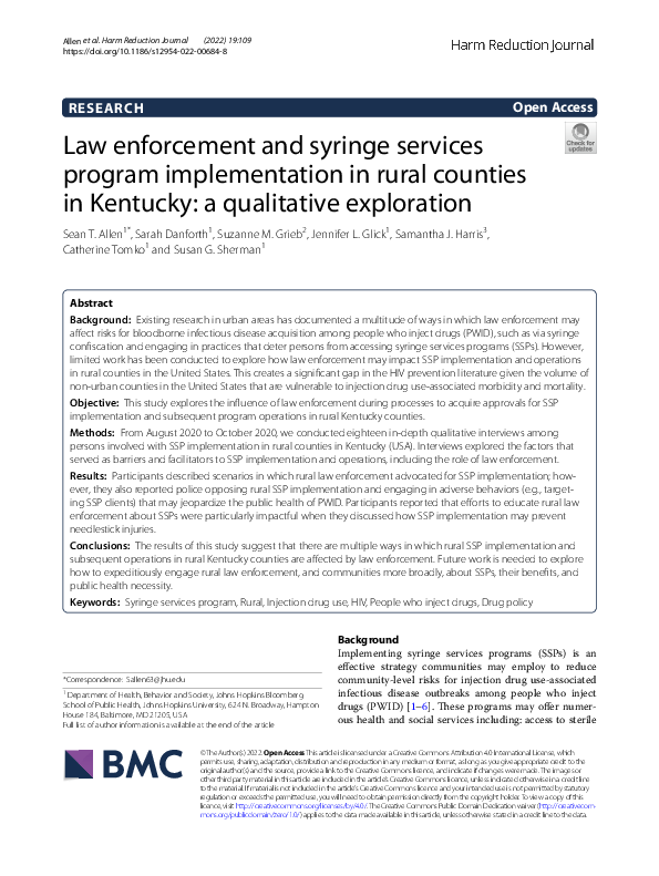 (PDF) Law enforcement and syringe services program implementation in rural counties in Kentucky ...