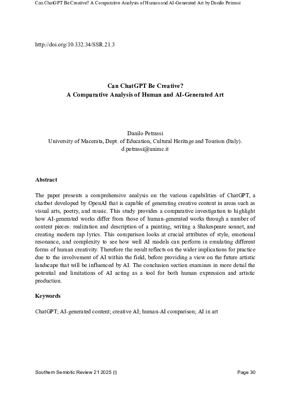 (PDF) Can ChatGPT Be Creative? A Comparative Analysis of Human and AI ...