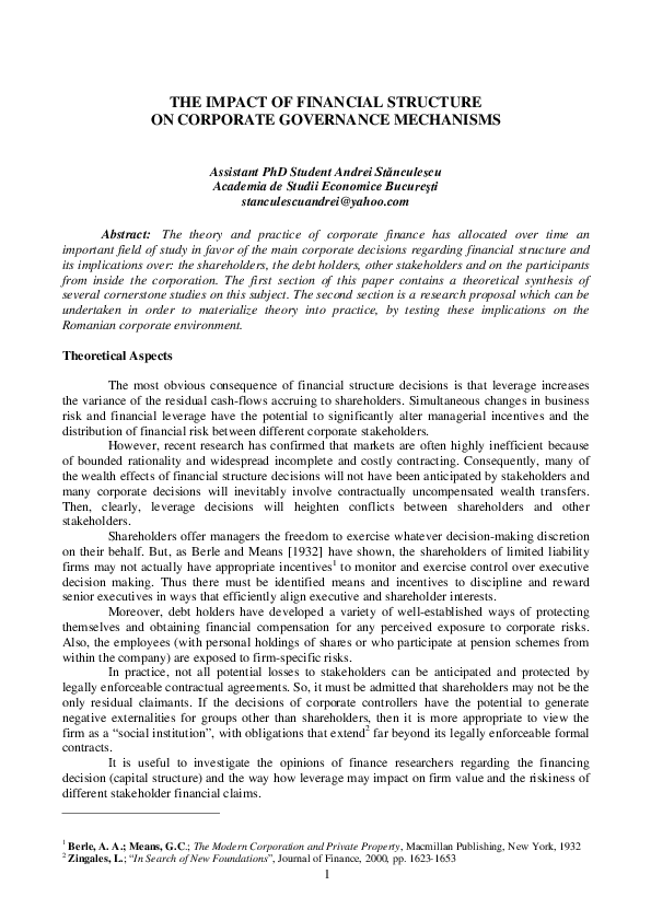(PDF) The Impact Of Financial Structure On Corporate Governance Mechanisms