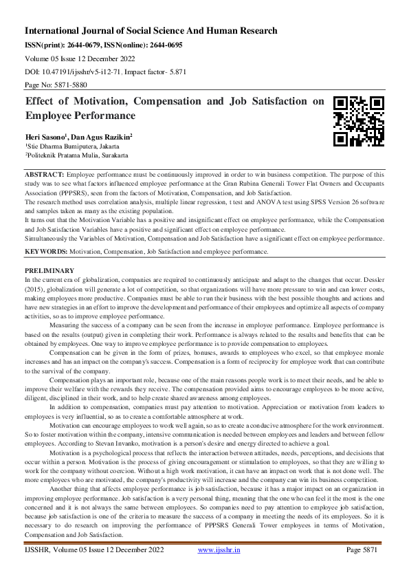 (PDF) Effect of Motivation, Compensation and Job Satisfaction on ...