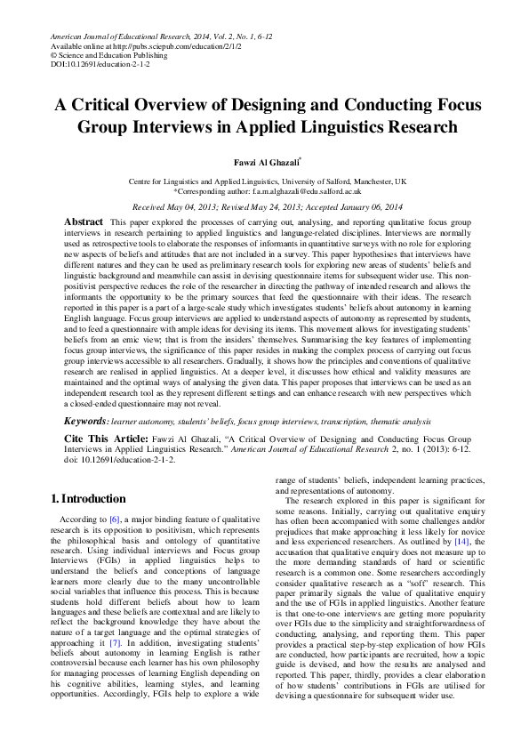 (PDF) A Critical Overview of Designing and Conducting Focus Group Interviews in Applied ...