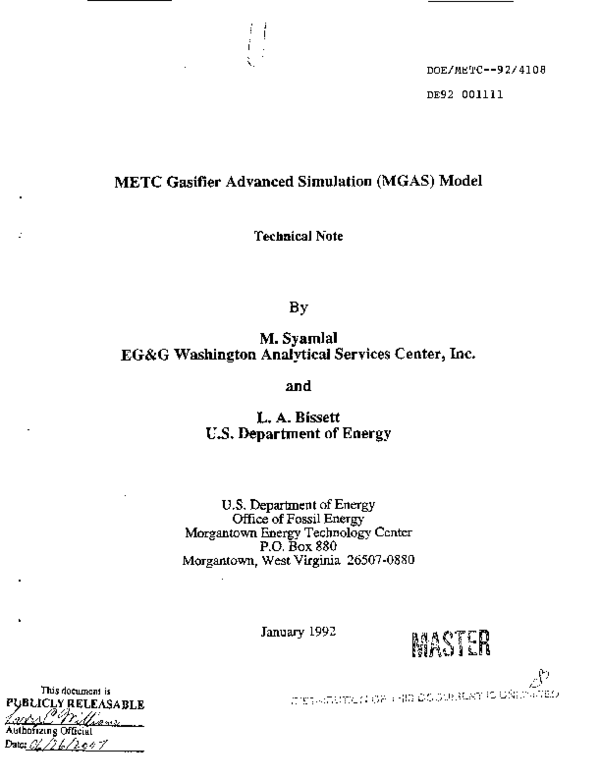 (PDF) METC Gasifier Advanced Simulation (MGAS) model