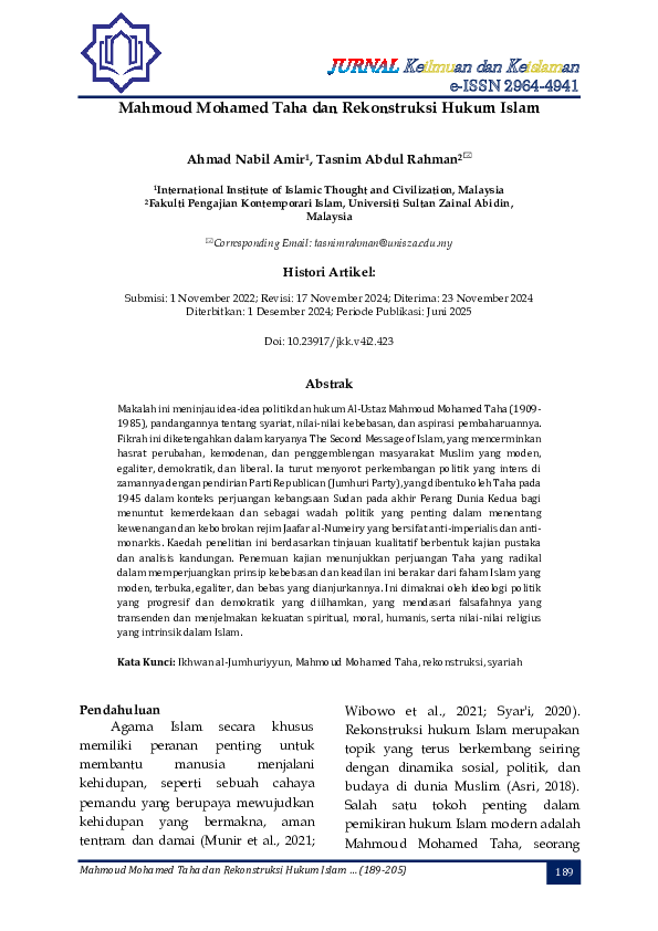 (PDF) Mahmoud Mohamed Taha dan Rekonstruksi Hukum Islam