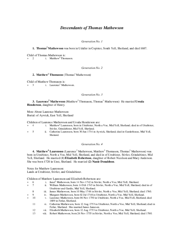 (PDF) Descendants of Thomas Mathewson (d. 1697) of South Yell, Shetland ...