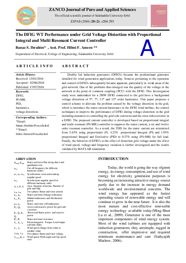(PDF) The DFIG WT Performance under Grid Voltage Distortion with Proportional Integral and Multi ...