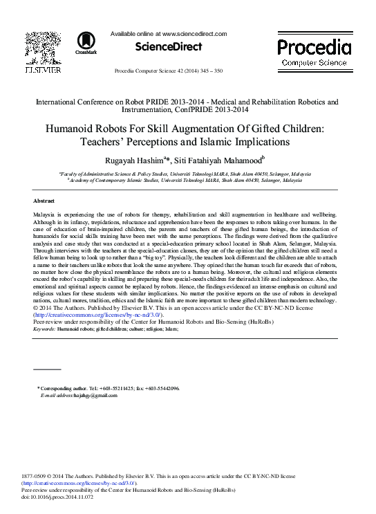 (PDF) Humanoid Robots for Skill Augmentation of Gifted Children: Teachers’ Perceptions and ...