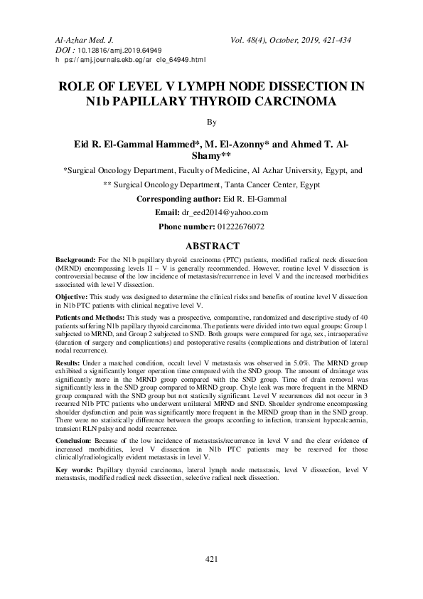(PDF) ROLE OF LEVEL V LYMPH NODE DISSECTION IN N1b PAPILLARY THYROID ...