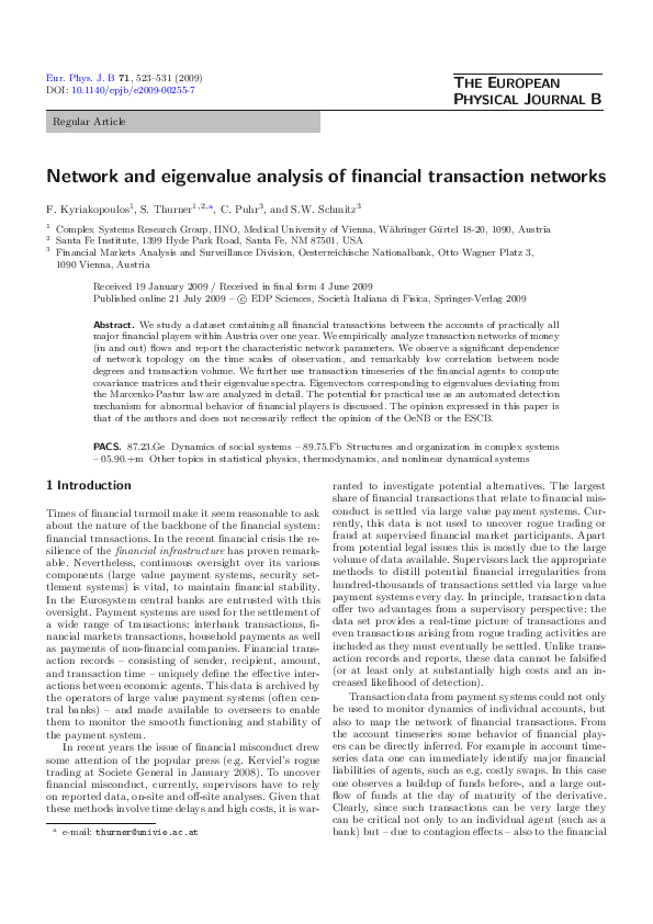 (PDF) Network and eigenvalue analysis of financial transaction networks
