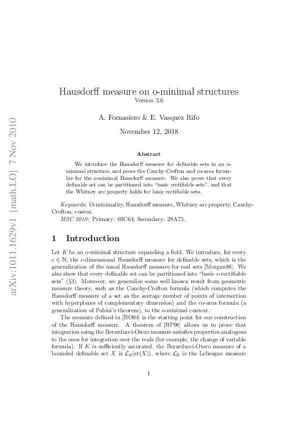 Pdf Hausdorff Measure On O Minimal Structures