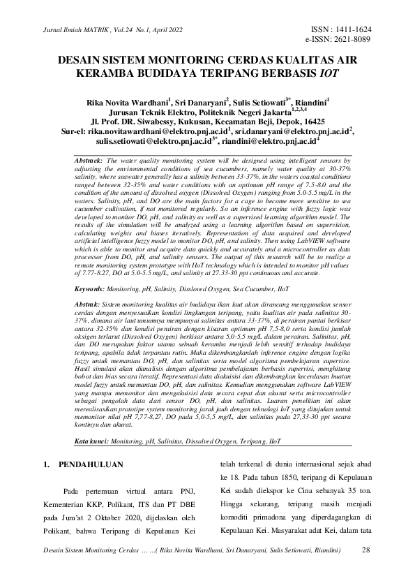 (PDF) Desain Sistem Monitoring Cerdas Kualitas Air Keramba Budidaya Teripang Berbasis Iot