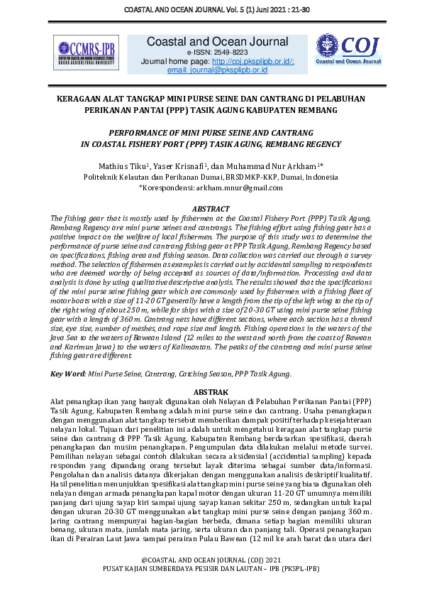 (PDF) Performance of Mini Purse Seine and Cantrang in Coastal Fishery ...