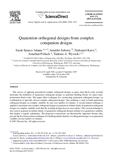 (PDF) Quaternion orthogonal designs from complex companion designs