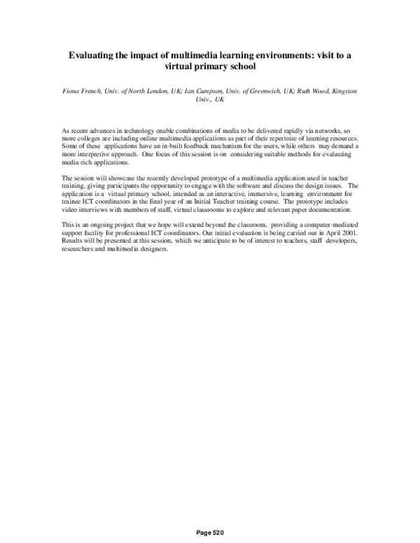 (PDF) Evaluating the impact of multimedia learning environments: visit to a virtual primary school