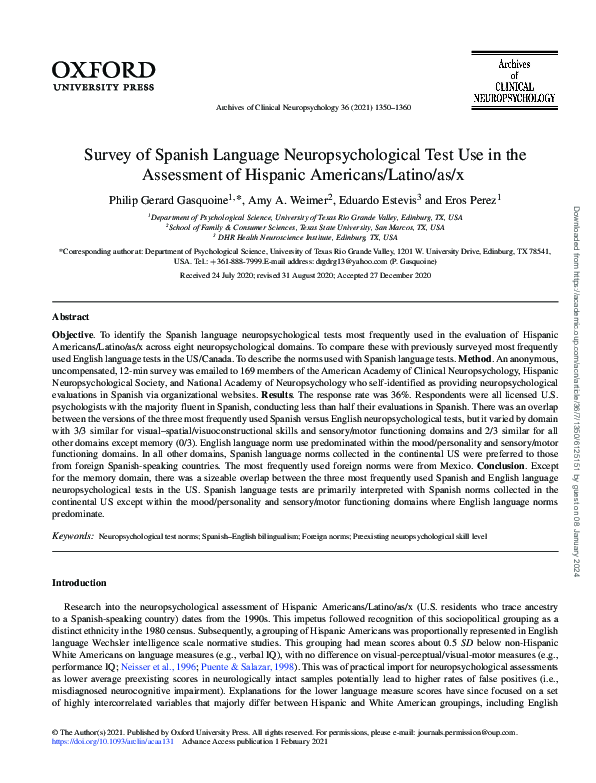 (PDF) Survey of Spanish Language Neuropsychological Test Use in the ...
