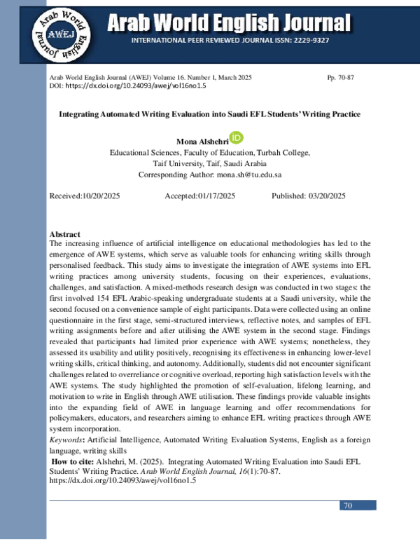 (PDF) Integrating Automated Writing Evaluation into Saudi EFL Students' Writing Practice