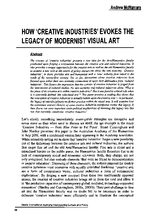 (PDF) How ‘Creative Industries' Evokes the Legacy of Modernist Visual Art