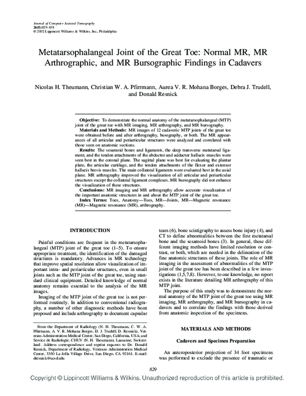 (PDF) Metatarsophalangeal Joint of the Great Toe: Normal MR, MR ...