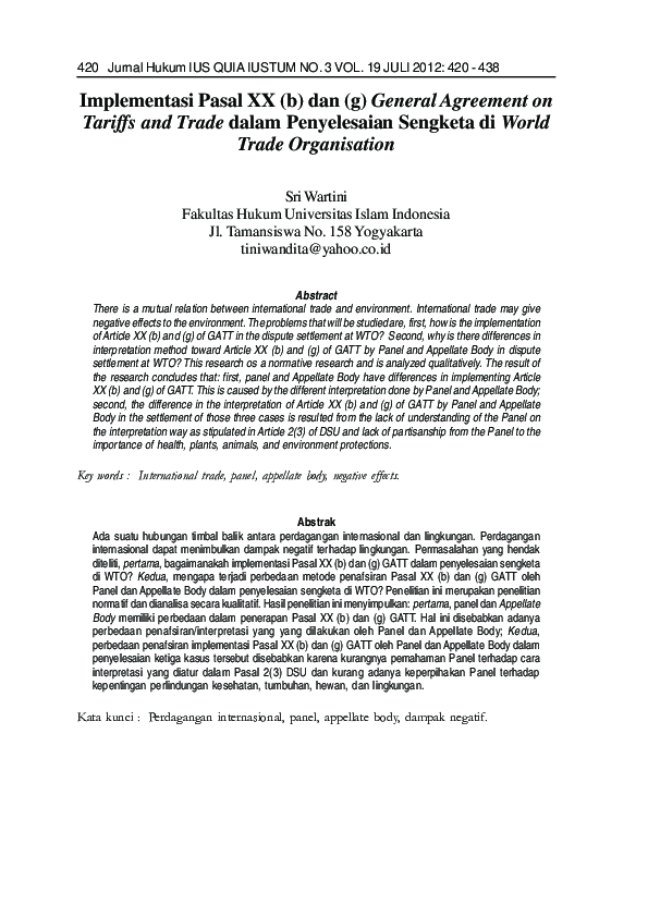 (PDF) Implementasi Pasal XX (B) Dan (G) General Agreement on Tariffs and Trade Dalam ...