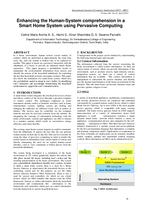 (PDF) Enhancing the Human-System comprehension in a Smart Home System using Pervasive Computing