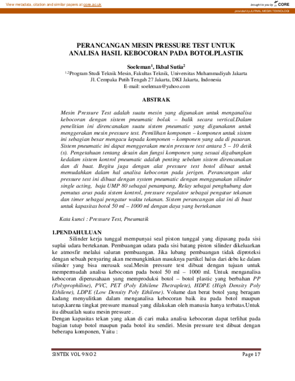 (PDF) Perancangan Mesin Pressure Test Untuk Analisa Hasil Kebocoran ...