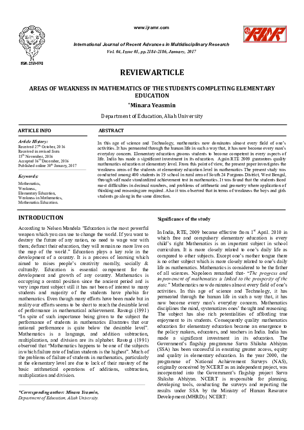 (PDF) AREAS OF WEAKNESS IN MATHEMATICS OF THE STUDENTS COMPLETING ...