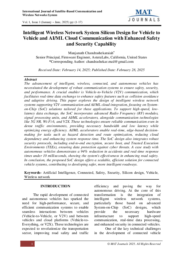 (PDF) Intelligent Wireless Network System Silicon Design for Vehicle to Vehicle and AI/ML Cloud ...