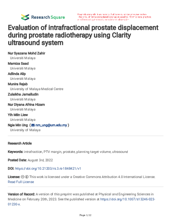 (PDF) Evaluation of intrafractional prostate displacement during ...