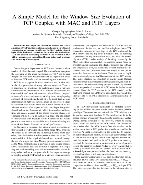 (PDF) A simple model for the window size evolution of TCP coupled with ...