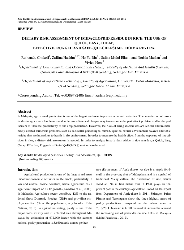 (PDF) Dietary Risk Assessment Of Imidacloprid Residue In Rice: The Use ...