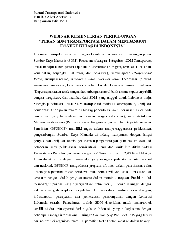 (PDF) PERAN SDM TRANSPORTASI DALAM MEMBANGUN KONEKTIVITAS DI INDONESIA