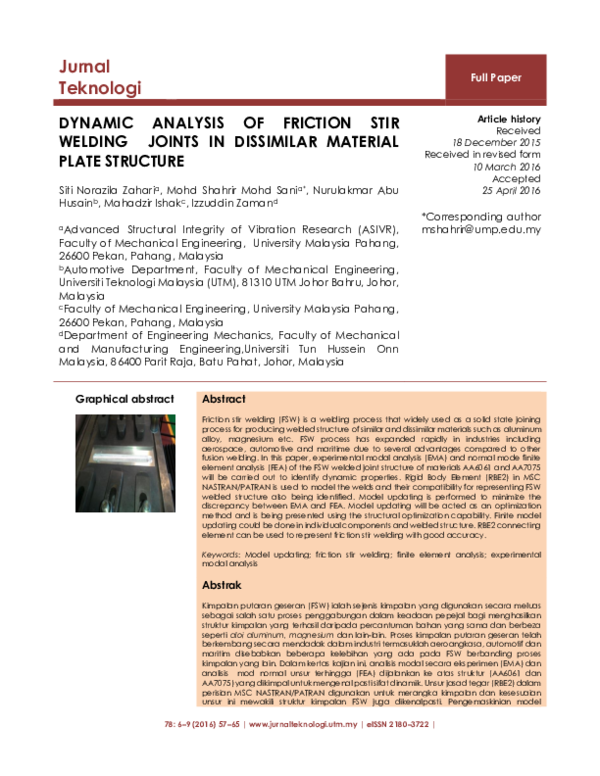 (PDF) Dynamic Analysis of Friction Stir Welding Joints in Dissimilar Material Plate Structure