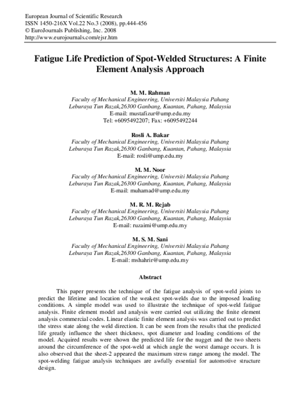 (PDF) Fatigue life prediction of spot-welded structures: a finite element analysis approach