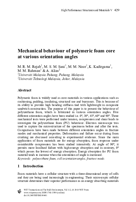 (PDF) Mechanical behaviour of polymeric foam core at various orientation angles