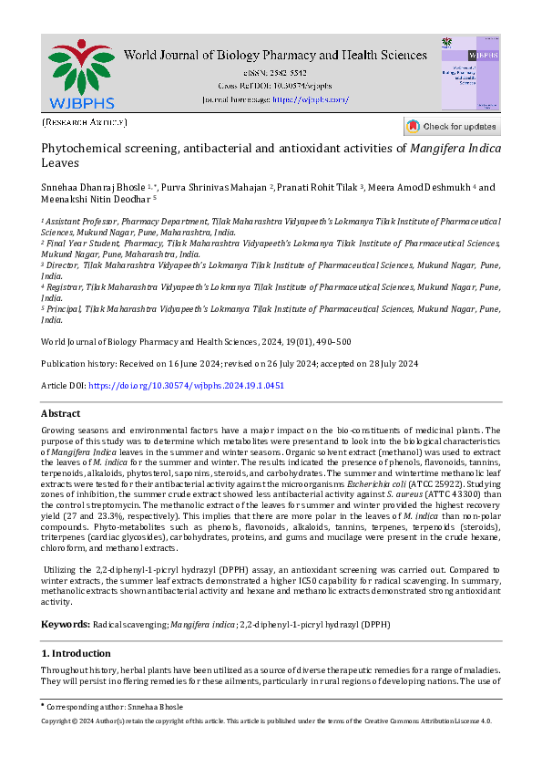 (PDF) Phytochemical screening, antibacterial and antioxidant activities of Mangifera Indica Leaves