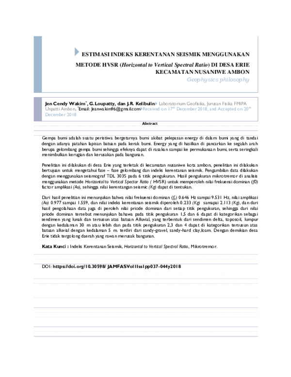 (PDF) ESTIMASI INDEKS KERENTANAN SEISMIK MENGGUNAKAN METODE HVSR ...