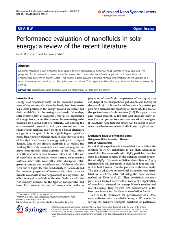 (PDF) Performance evaluation of nanofluids in solar energy: a review of ...