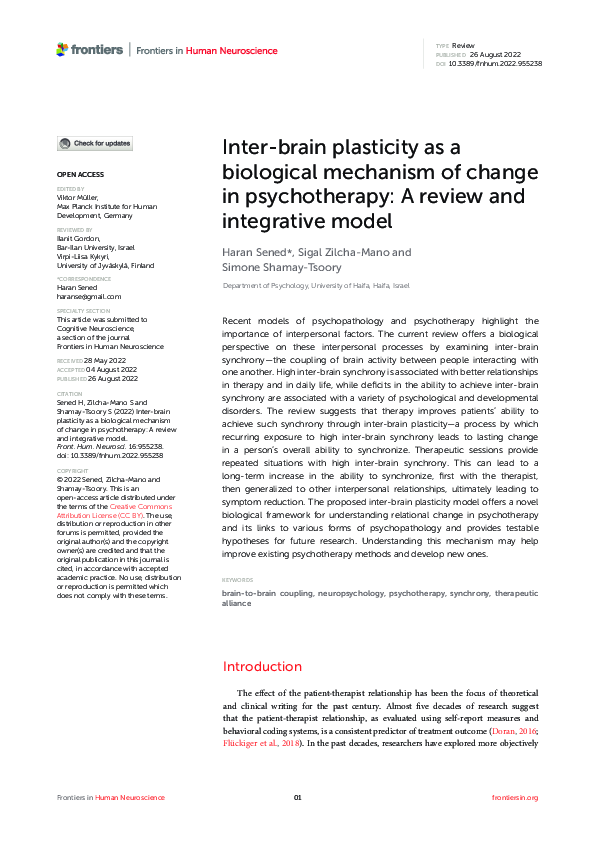 (PDF) Inter-brain plasticity as a biological mechanism of change in psychotherapy: A review and ...