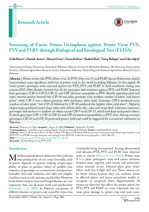 (PDF) Screening of Exotic Potato Germplasm against Potato Virus PVX ...