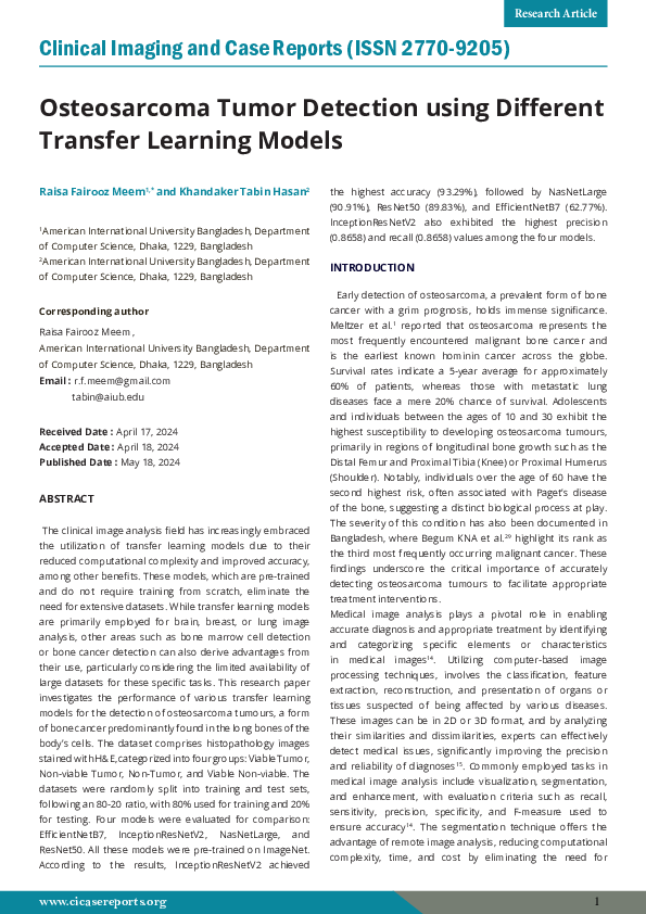 Pdf Osteosarcoma Tumor Detection Using Different Transfer Learning Models